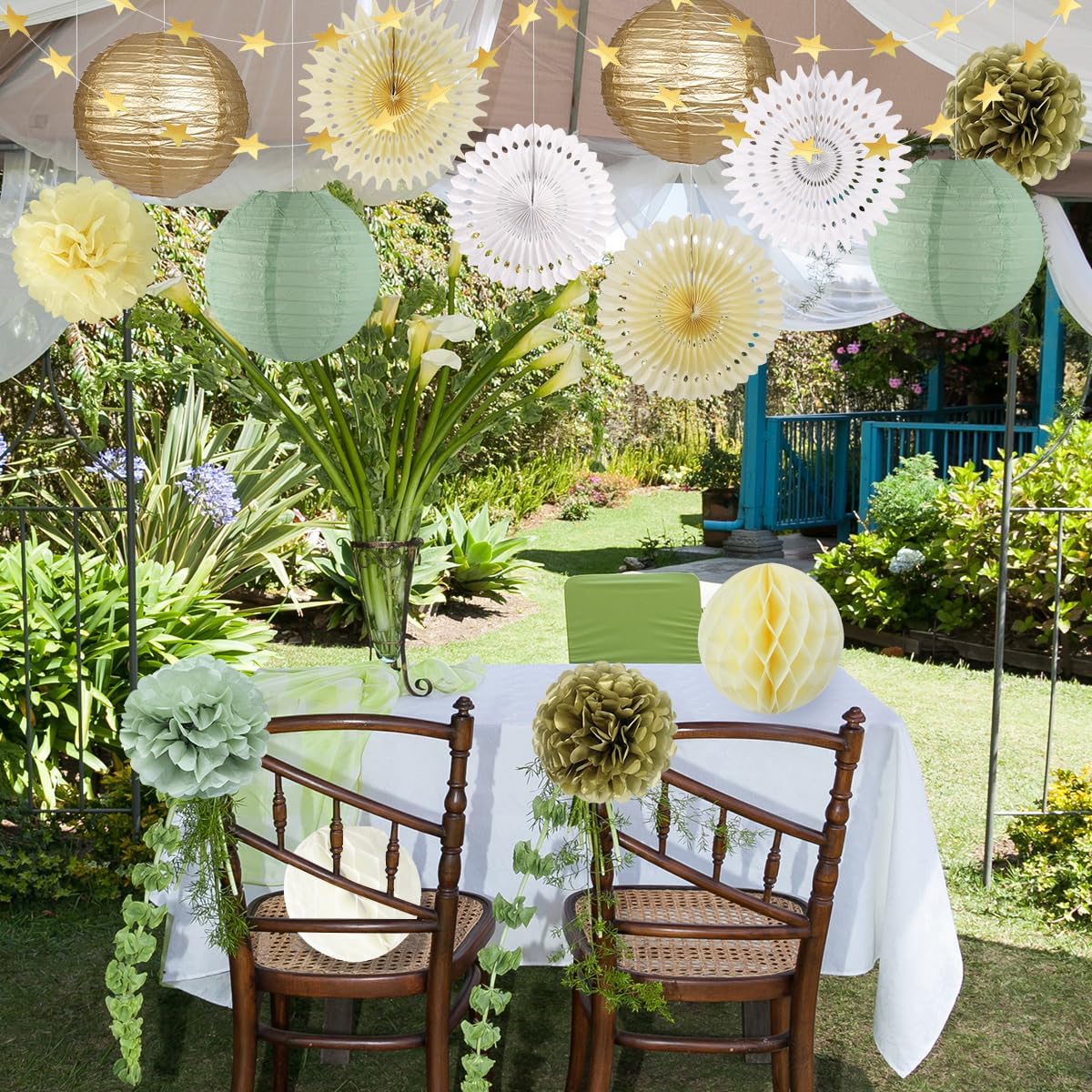 Sage Green Party Decorations, Sage Green Paper Lanterns Tissue Pom Poms ...