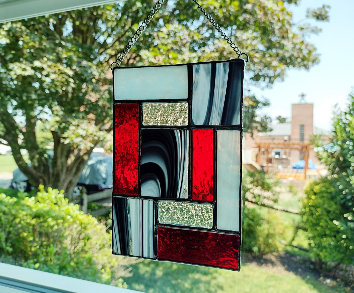 Black, White, and Red Geometric Stained Glass Panel Suncatcher ...