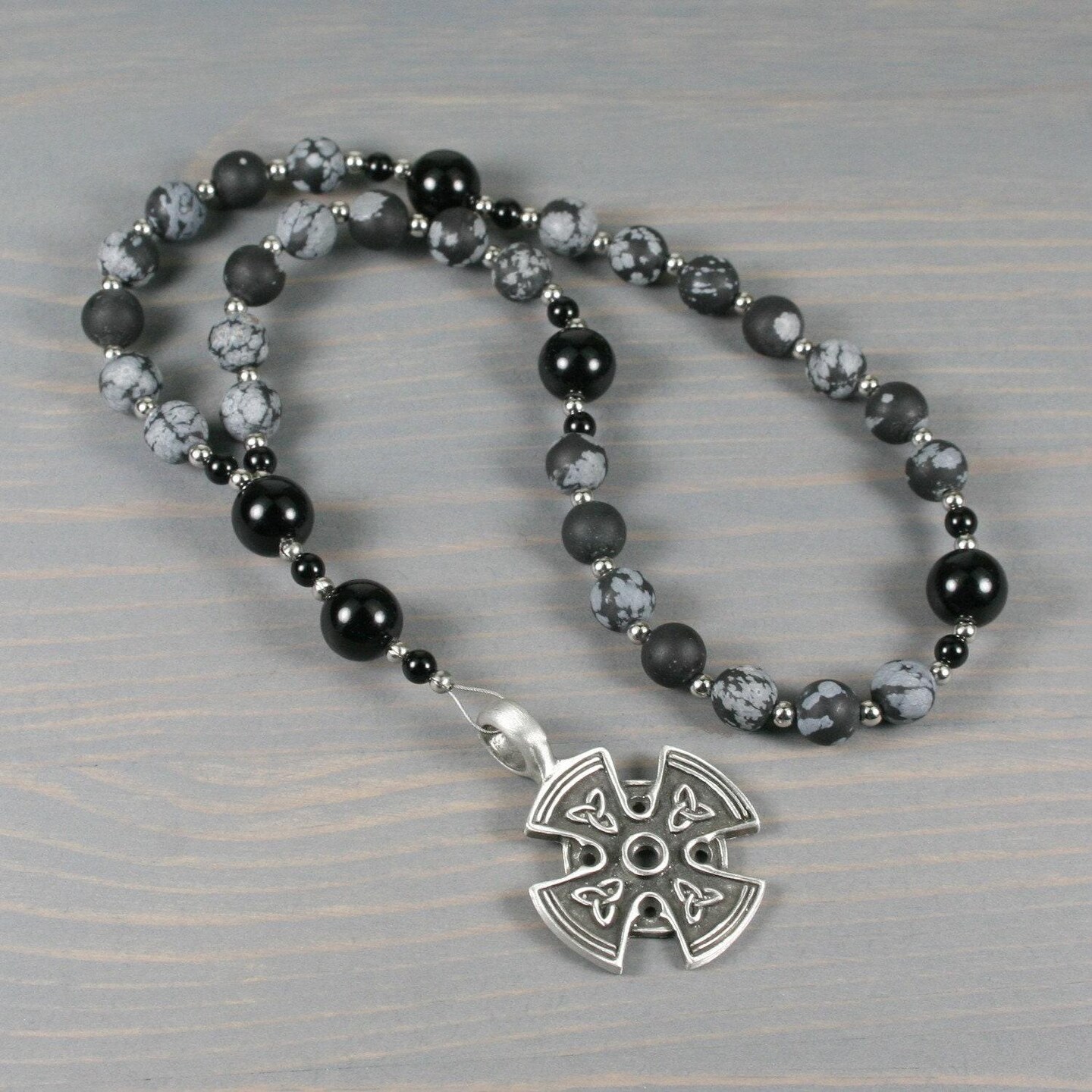 Anglican rosary in matte snowflake obsidian and obsidian with a pewter ...