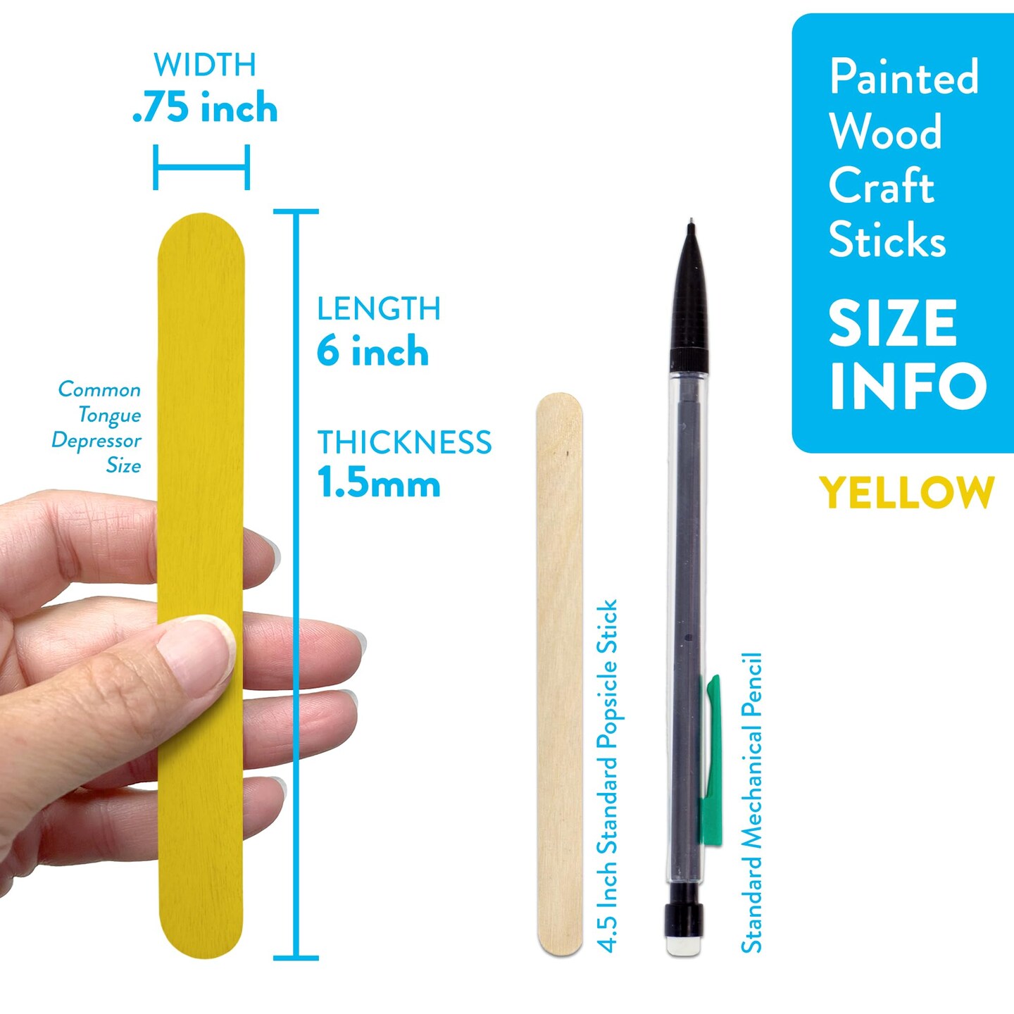 CraftySticks 100 Pack 6 Inch Yellow Painted Wood Craft Sticks, Jumbo ...