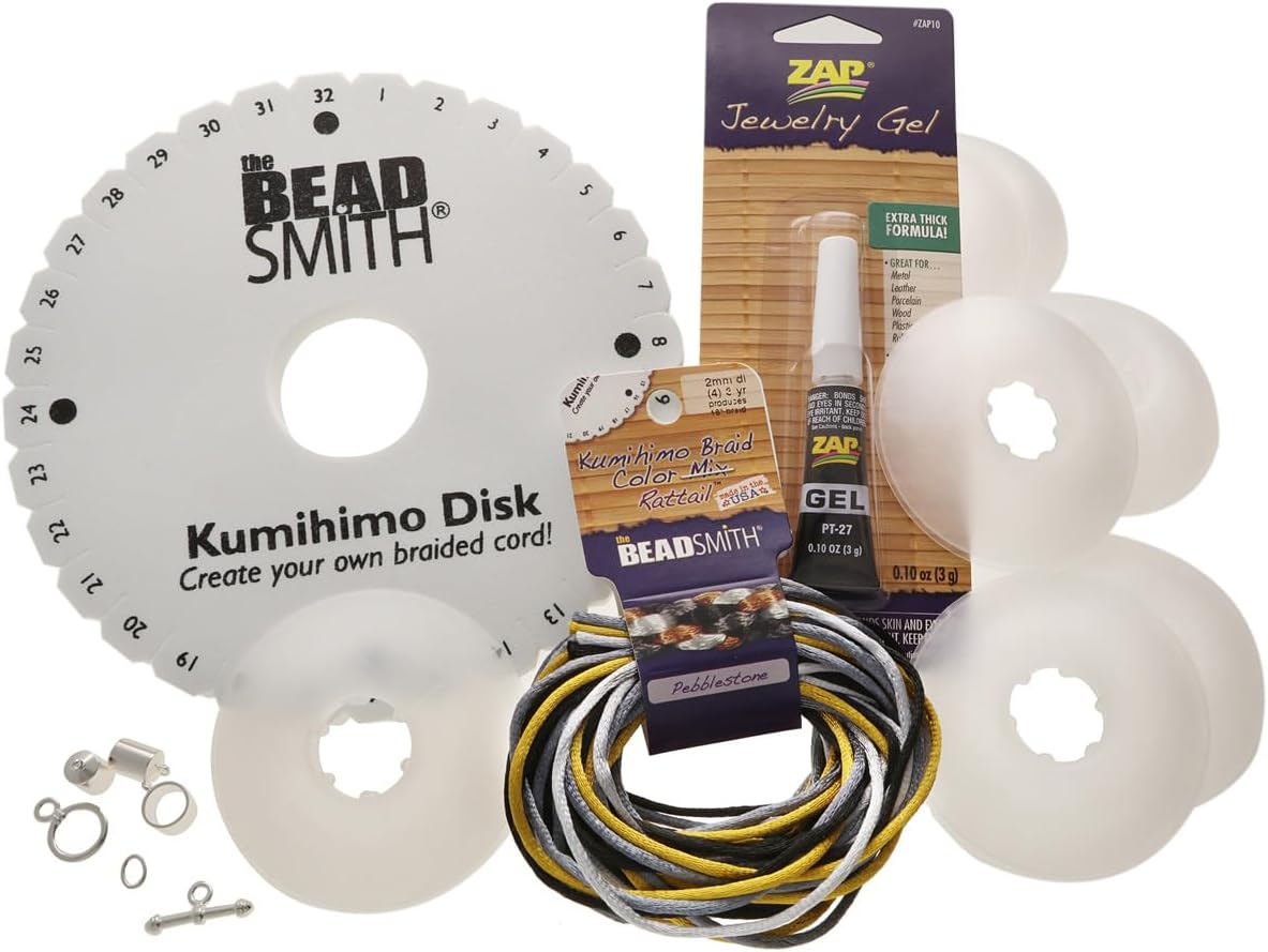 The Beadsmith Kumihimo Starter Kit – Includes Disk, Adhesive, Bobbins, Findings, Cord and ...