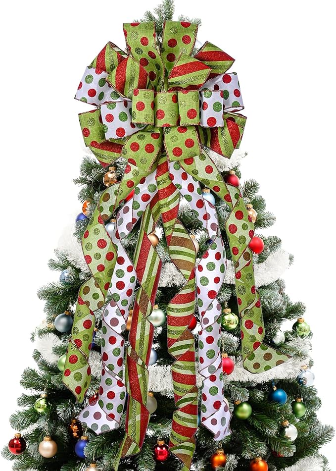 Christmas Tree Topper Wreath Bow Large Green Christmas Bow Tree Topper Red Green Dot Polyester Gift Bow for Xmas Ornament Holiday Home Wedding Thanksgiving Indoor Outdoor Decoration 45 x13 Michaels
