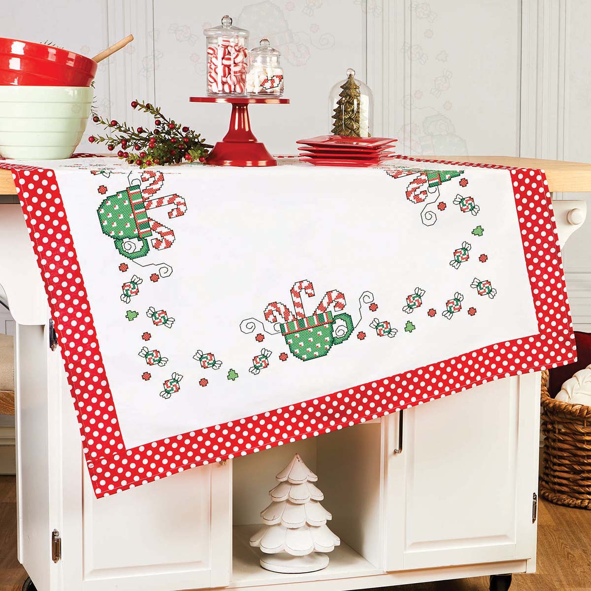 Herrschners Peppermint & Cocoa Table Topper Stamped Cross-Stitch Kit ...