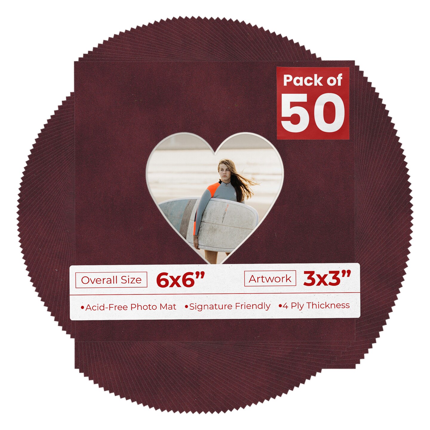 Dark Red Suede Mat Board for 6x6 Frames - Heart Opening for 3x3 Photos ...