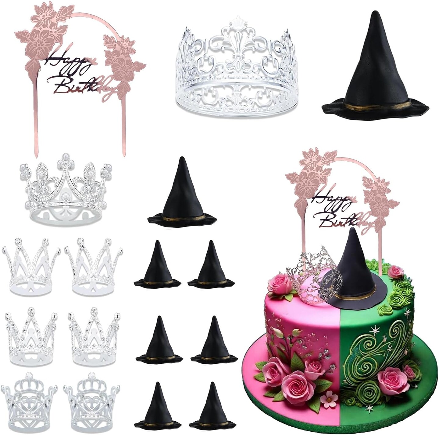 Witch Hat and Crown Cake Topper, 17 PCS Witch and Princess Theme Cupcake Toppers, Mini Witch Hat ...