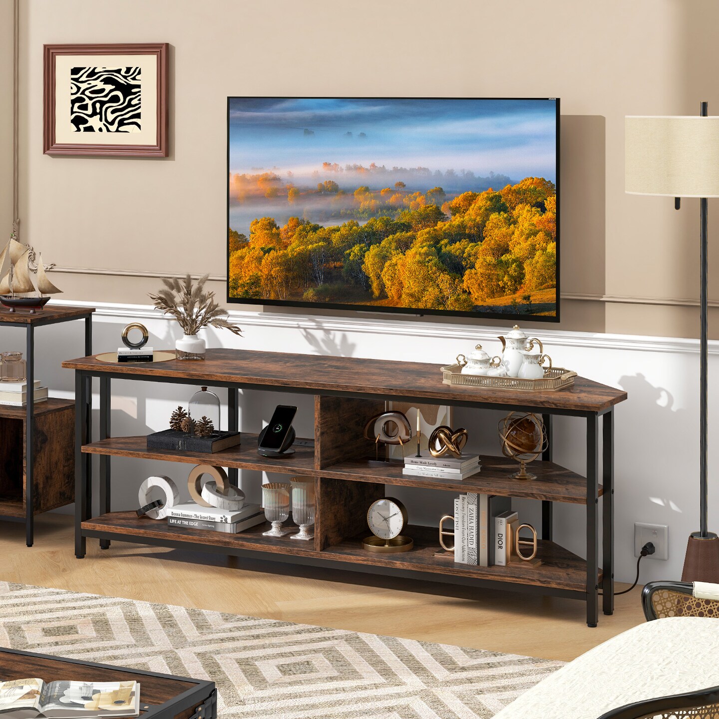 Rustic Brown 4 Open Storage Media Console with Charging Ports Areas and ...