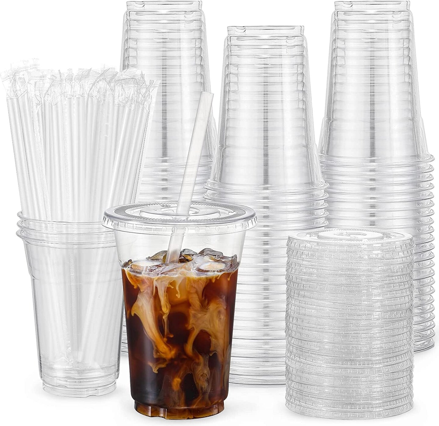 [100 Sets - 24oz] Plastic Cups with Lids and Straws, Disposable Cups ...
