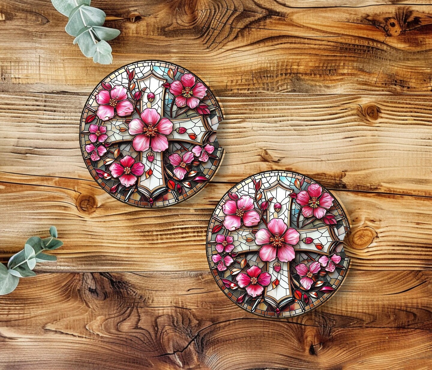 Floral Cross Car Coasters, 2 Coasters, 4 Design Choices, Ceramic Or ...