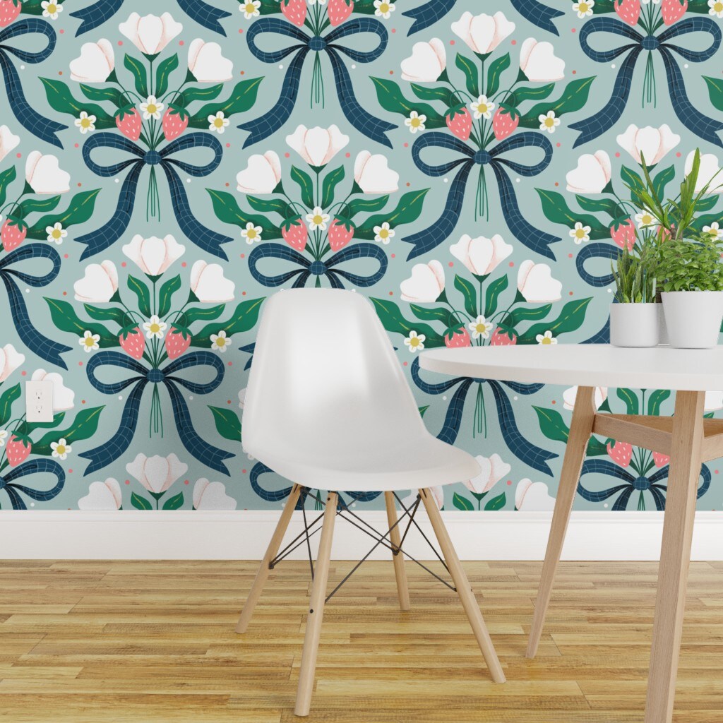 Pre-Pasted Wallpaper 2FT Wide Preppy Floral Light Blue Dark White Green ...