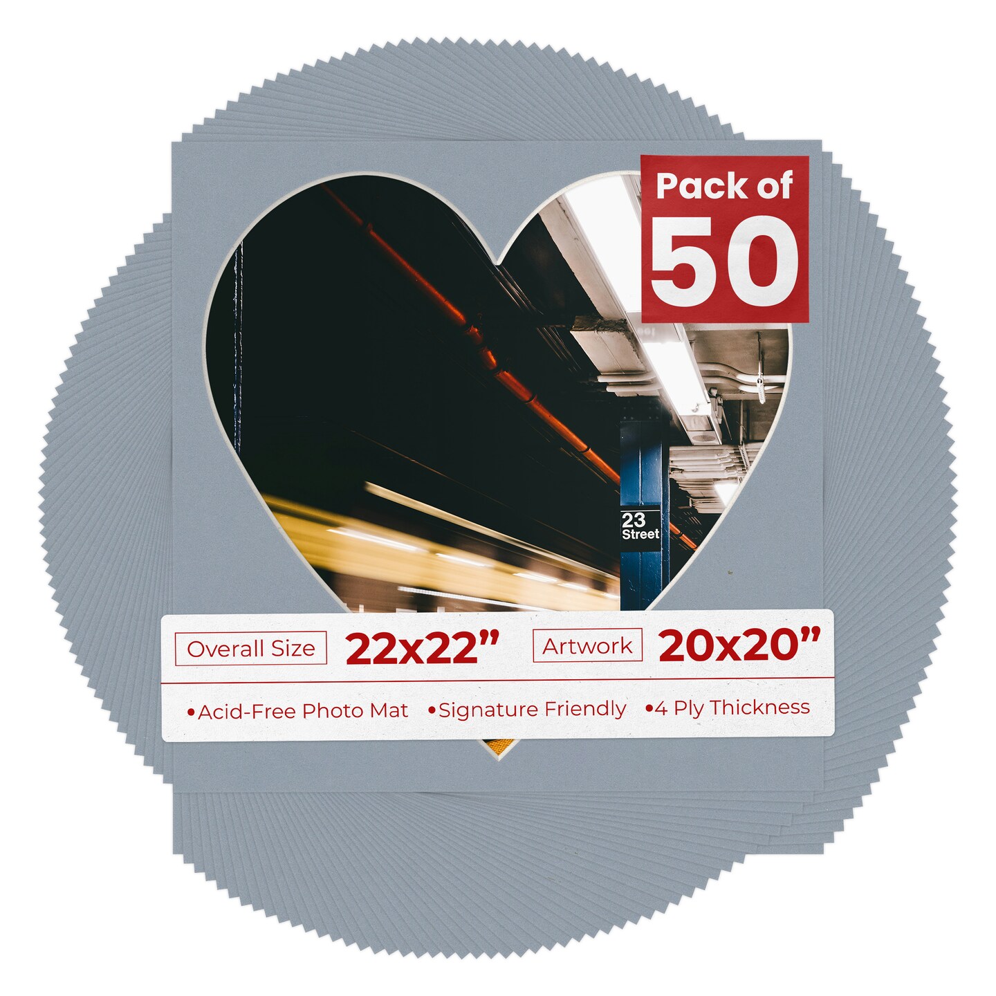 Mid Grey Mat Board for 22x22 Frames - Heart Opening for 20x20 Photos ...