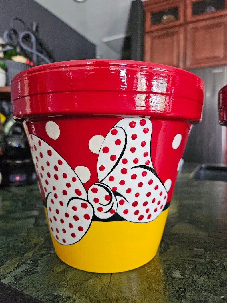 Eight (8") Inch Minnie Inspired Flower Pot, Hand Painted, 6, 5 and 4 ...