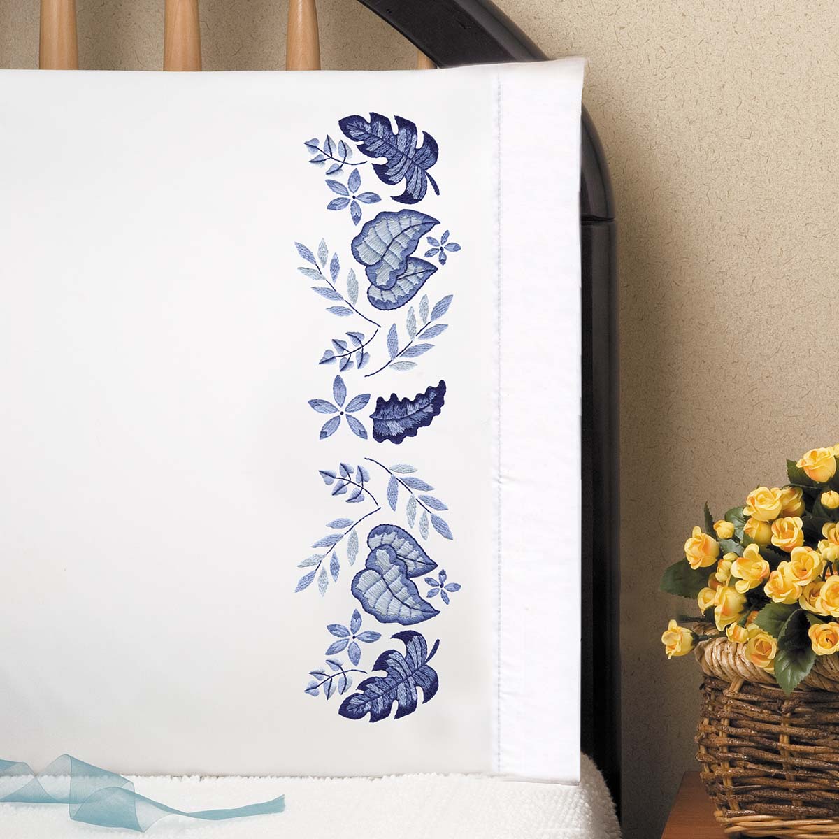 Design Works Blue Leaves Pillowcase Set Stamped Embroidery | Michaels