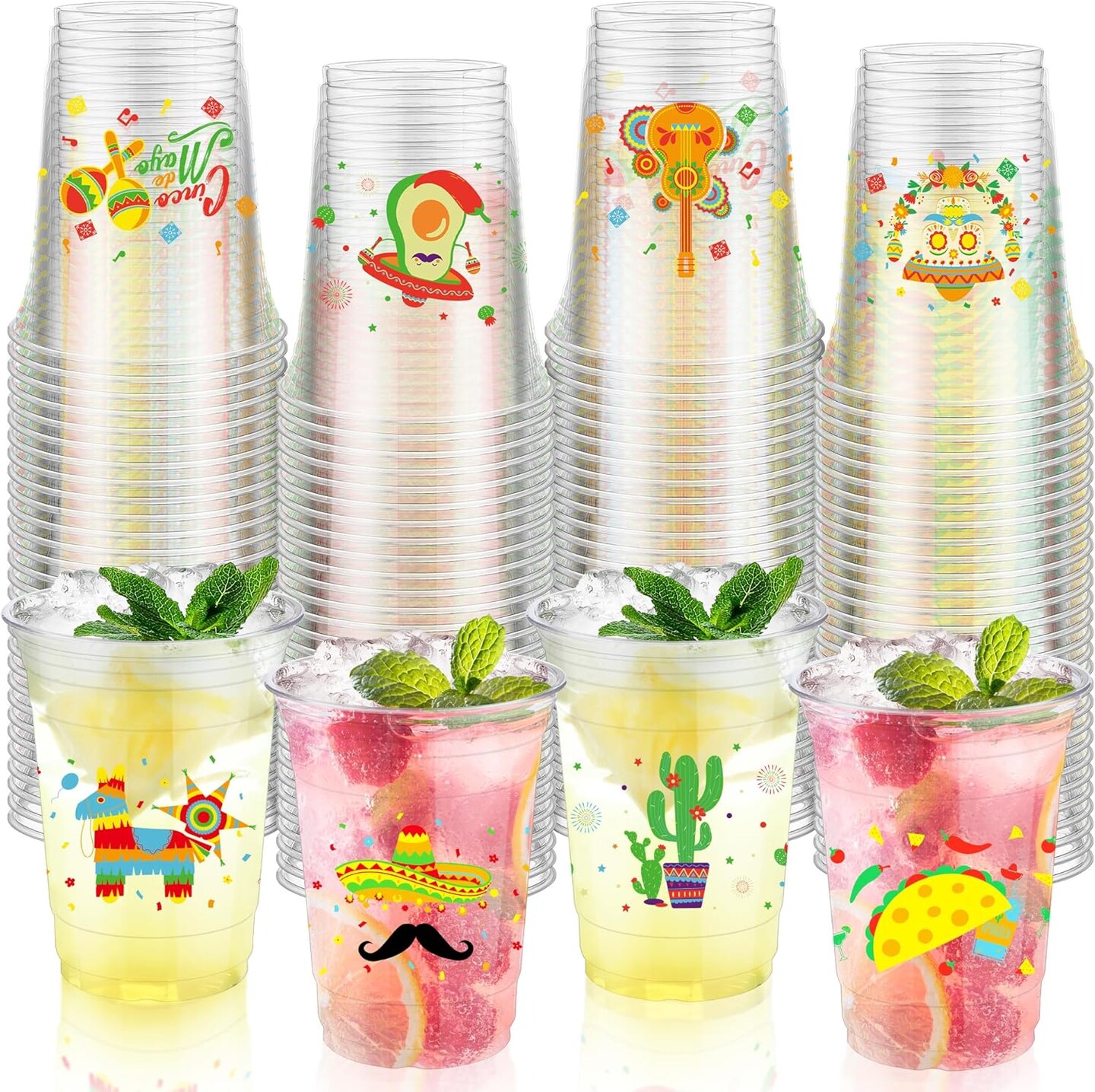 120 Pieces 16 oz Mexican Fiesta Plastic Cups Clear Disposable Cups with ...