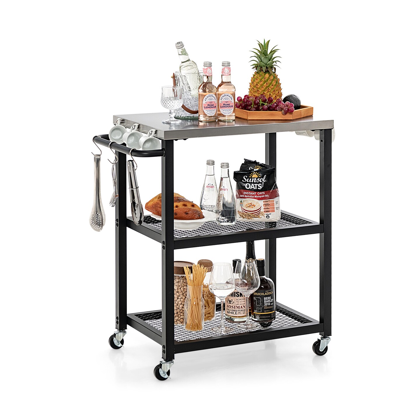 Metal Outdoor Dining Cart with Stainless Steel Countertop, Hooks and ...