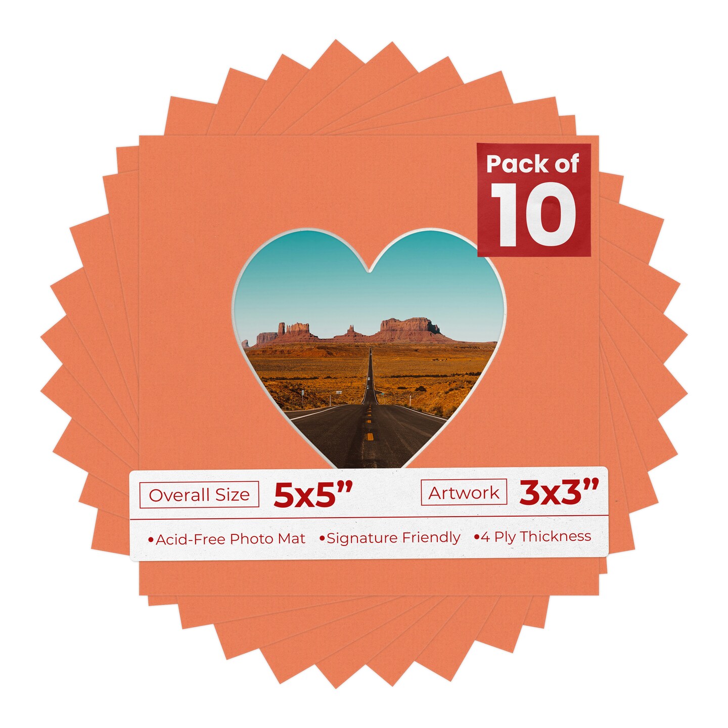 Carnelian Orange Mat Board for 5x5 Inch Frames - Heart Opening for 3x3 ...