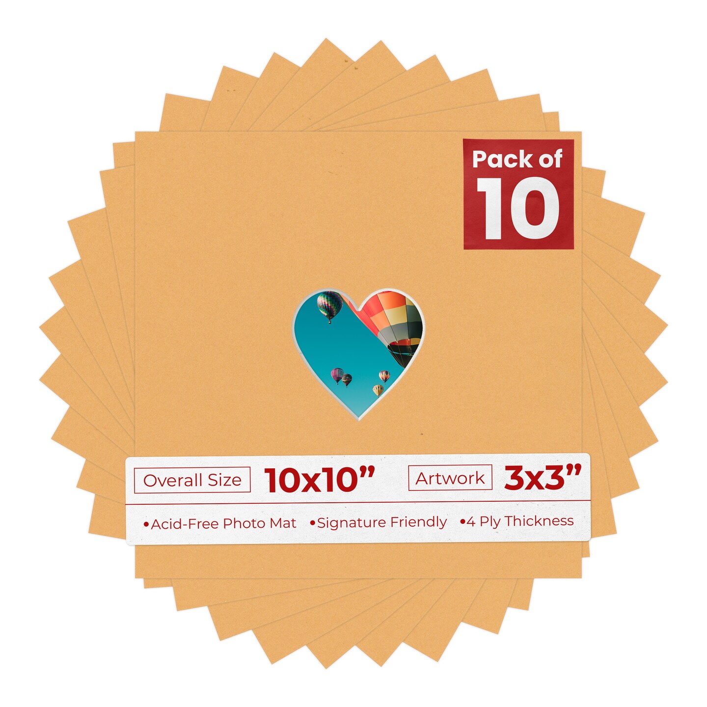 Topaz Orange Mat Board for 10x10 Frames - Heart Opening for 3x3 Photos ...