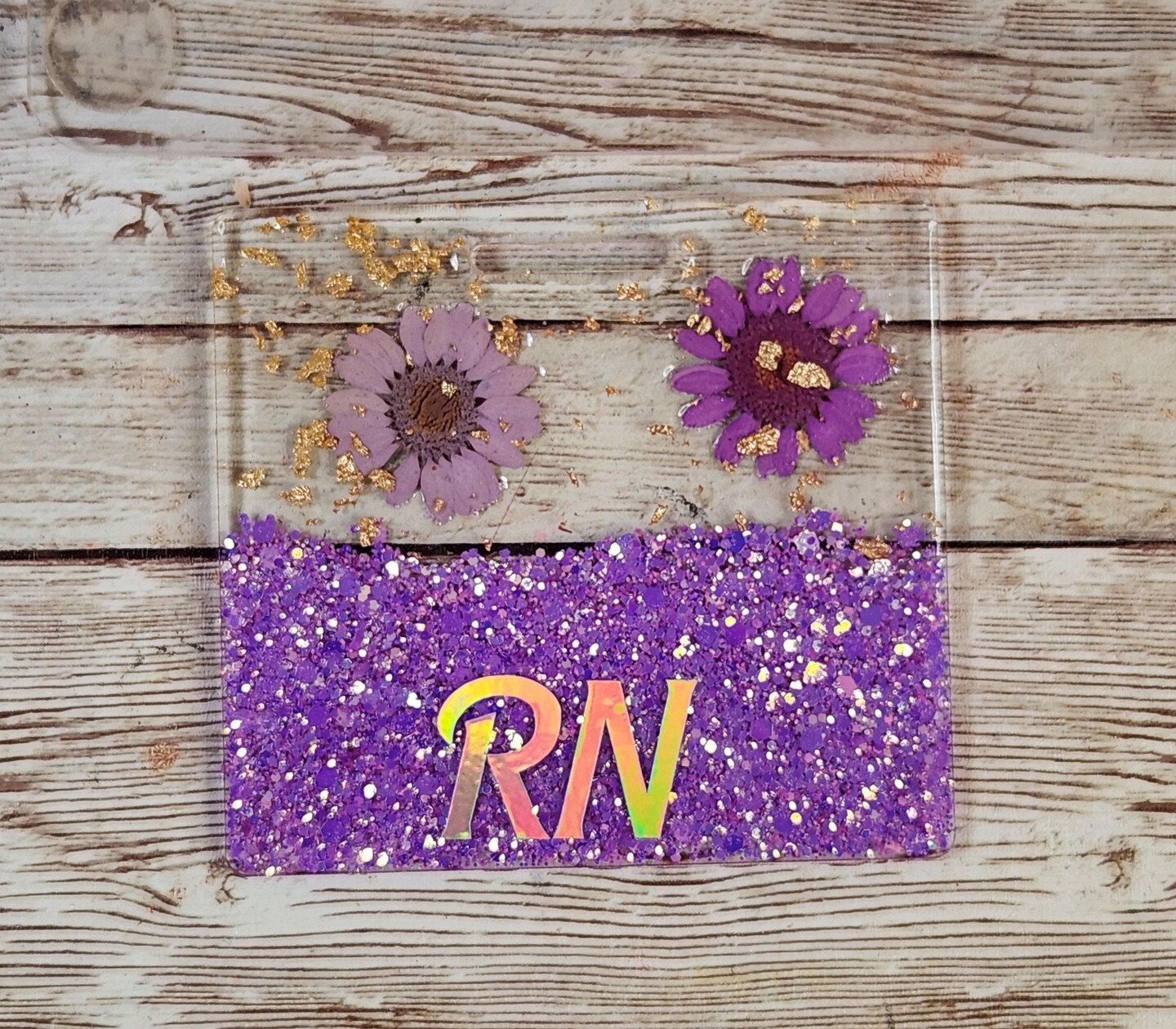 Purple Presed Flower a Glitter Horizontal Badge Buddy for Medical ...