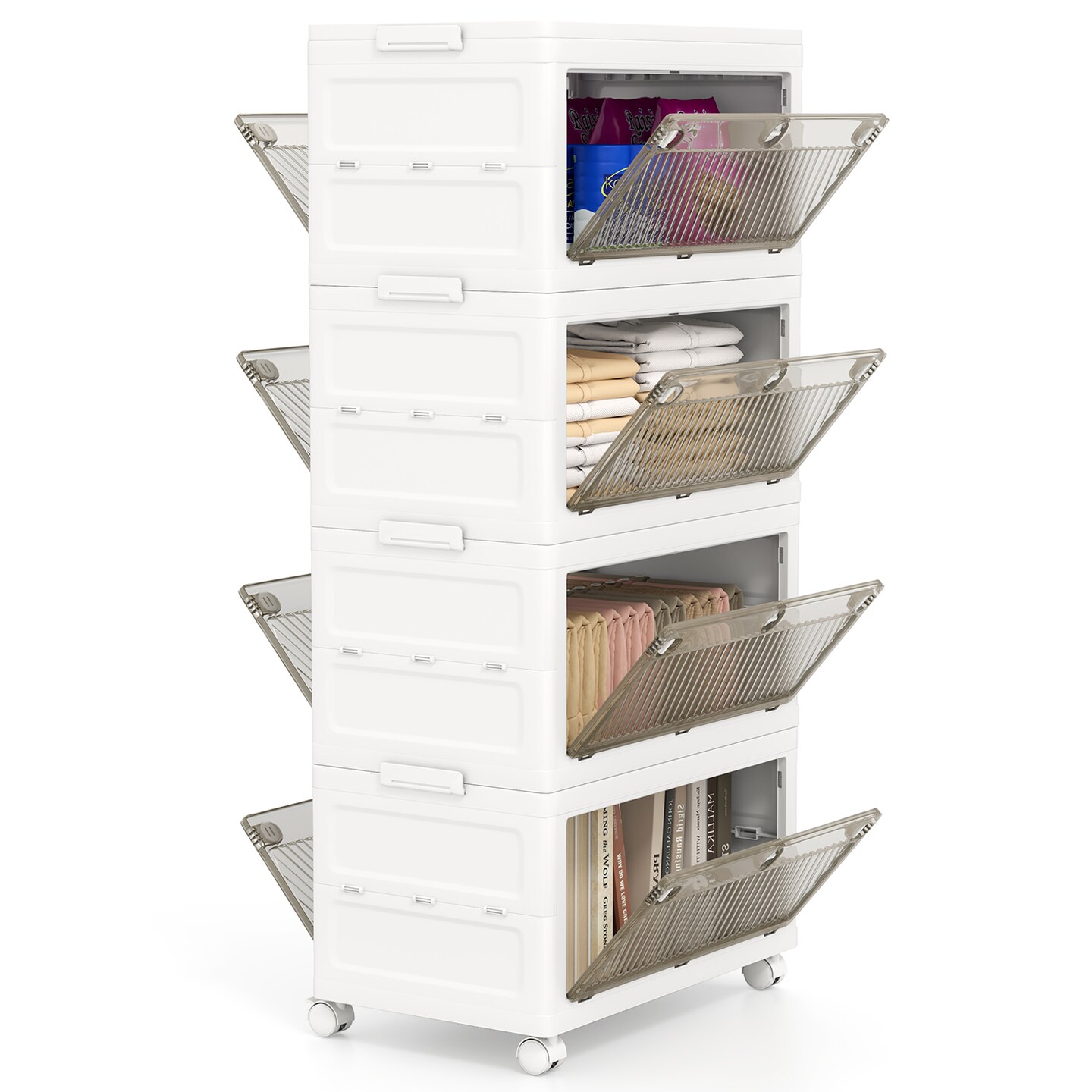 White PP HIPS 4-Tier Stackable Storage Bins and Quick Fold with Rolling ...