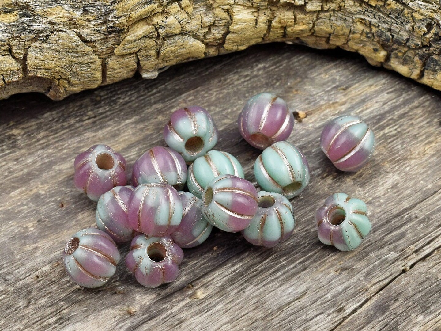 Platinum Washed Dusty Rose & Mint Green Large Hole Melon Beads ...