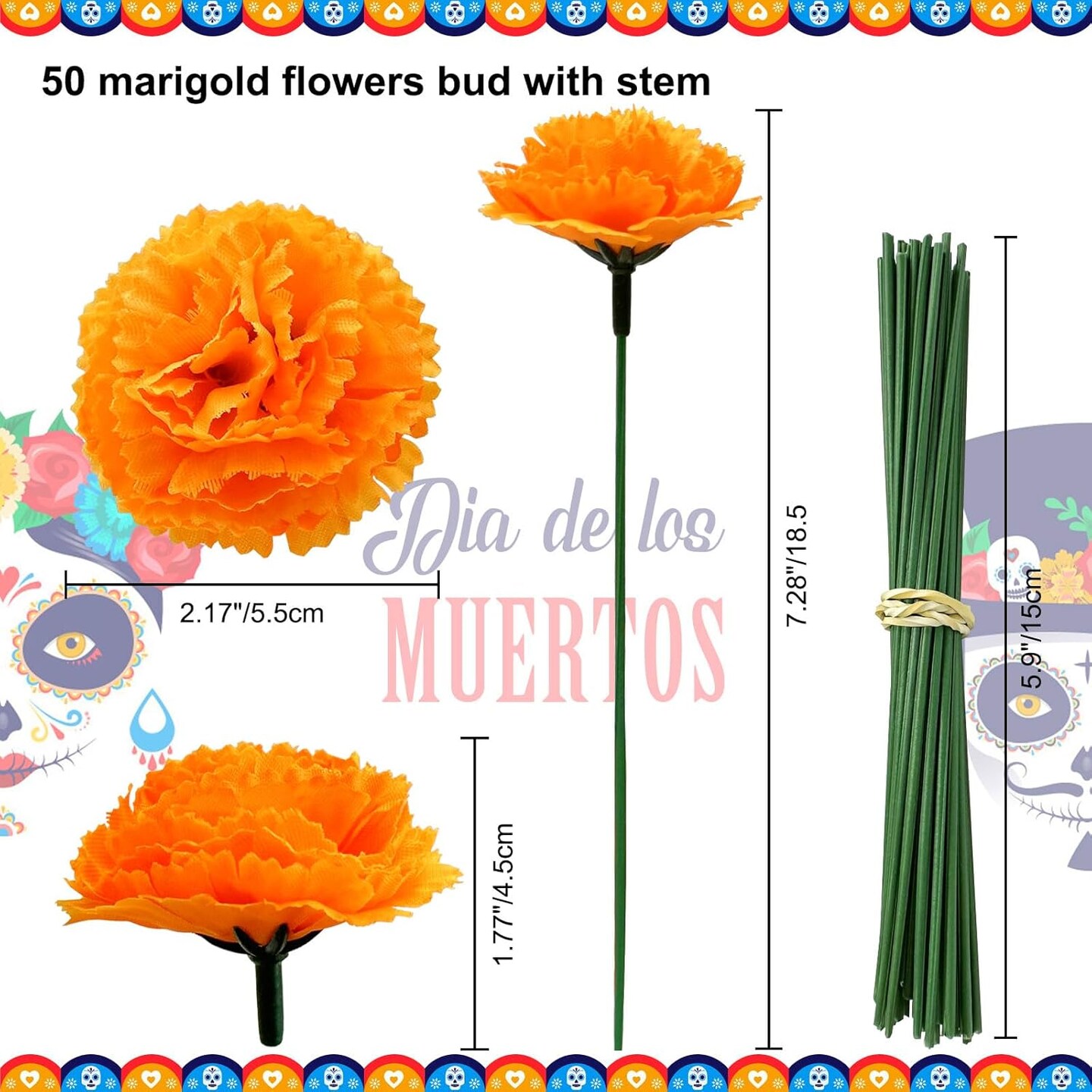 50Pcs Marigold Flowers Heads with Stems, Silk Marigolds Artificial ...