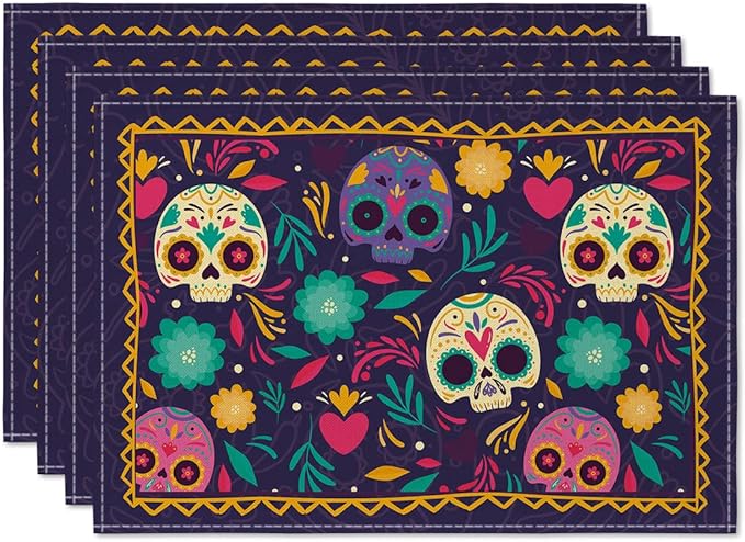 Marigolds Skull Dia De Los Muertos Placemats Set of 4, 12x18 Inch Day ...