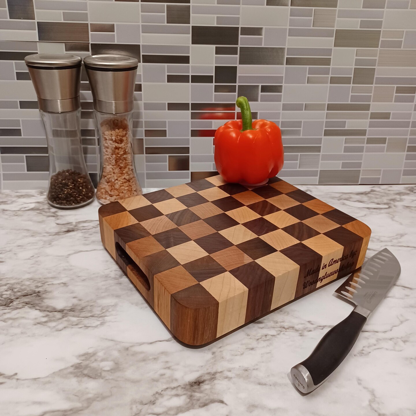 Handmade End Grain Radius Edge Checkerboard Cutting Board with Side ...