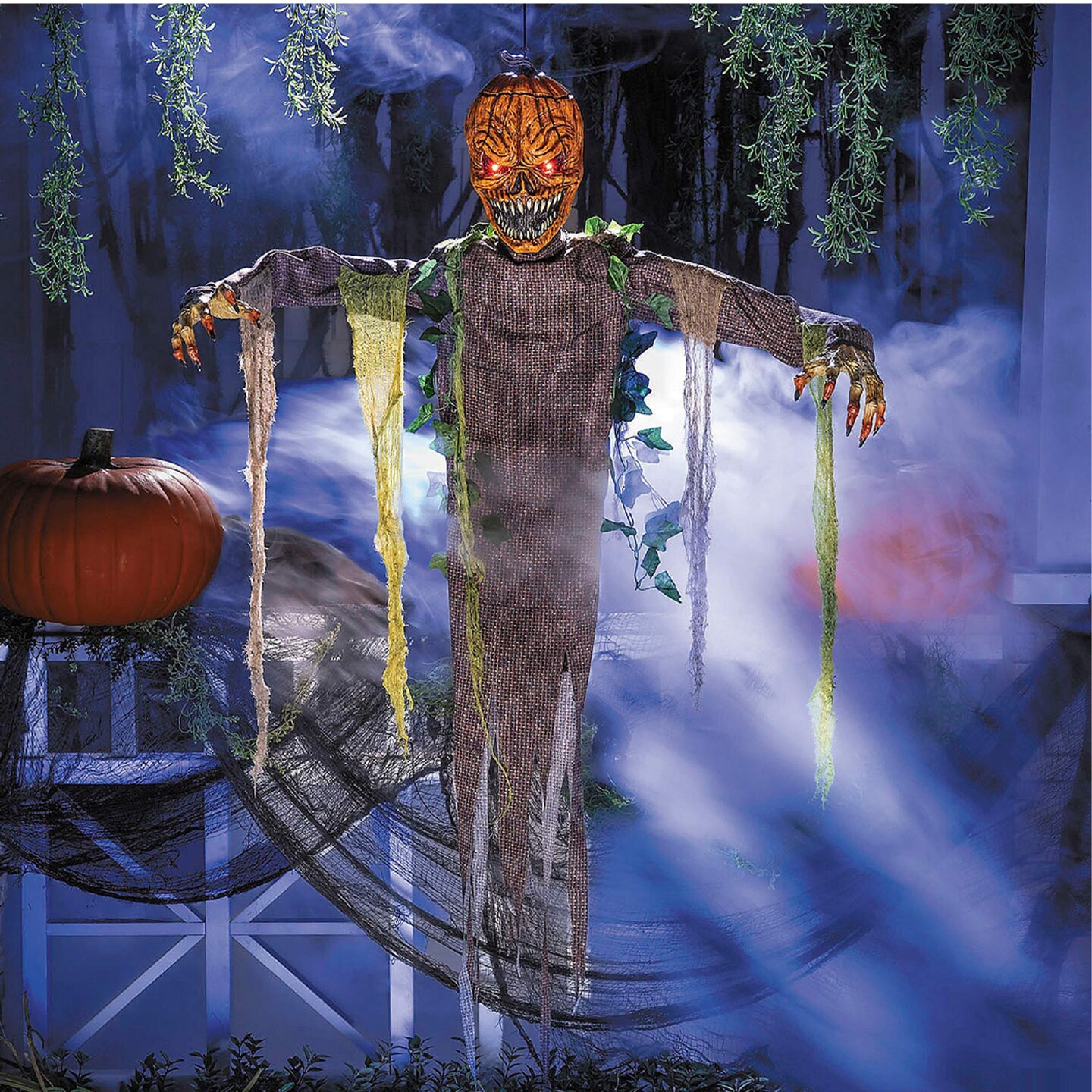 5 Ft Light Up Posable Hanging Pumpkin Patch Ghoul with Sound Halloween ...
