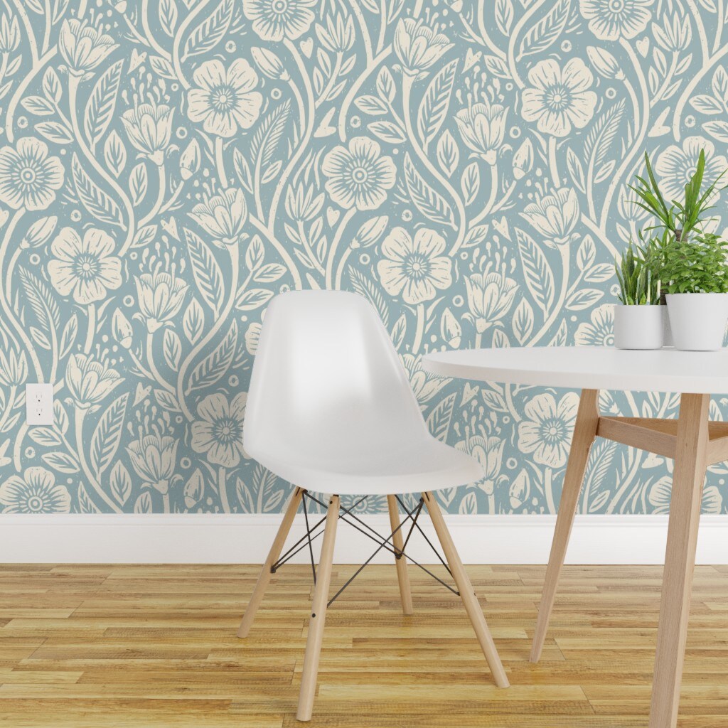 Pre-Pasted Wallpaper 2FT Wide Blue Wildflowers Cream Floral Pastel ...