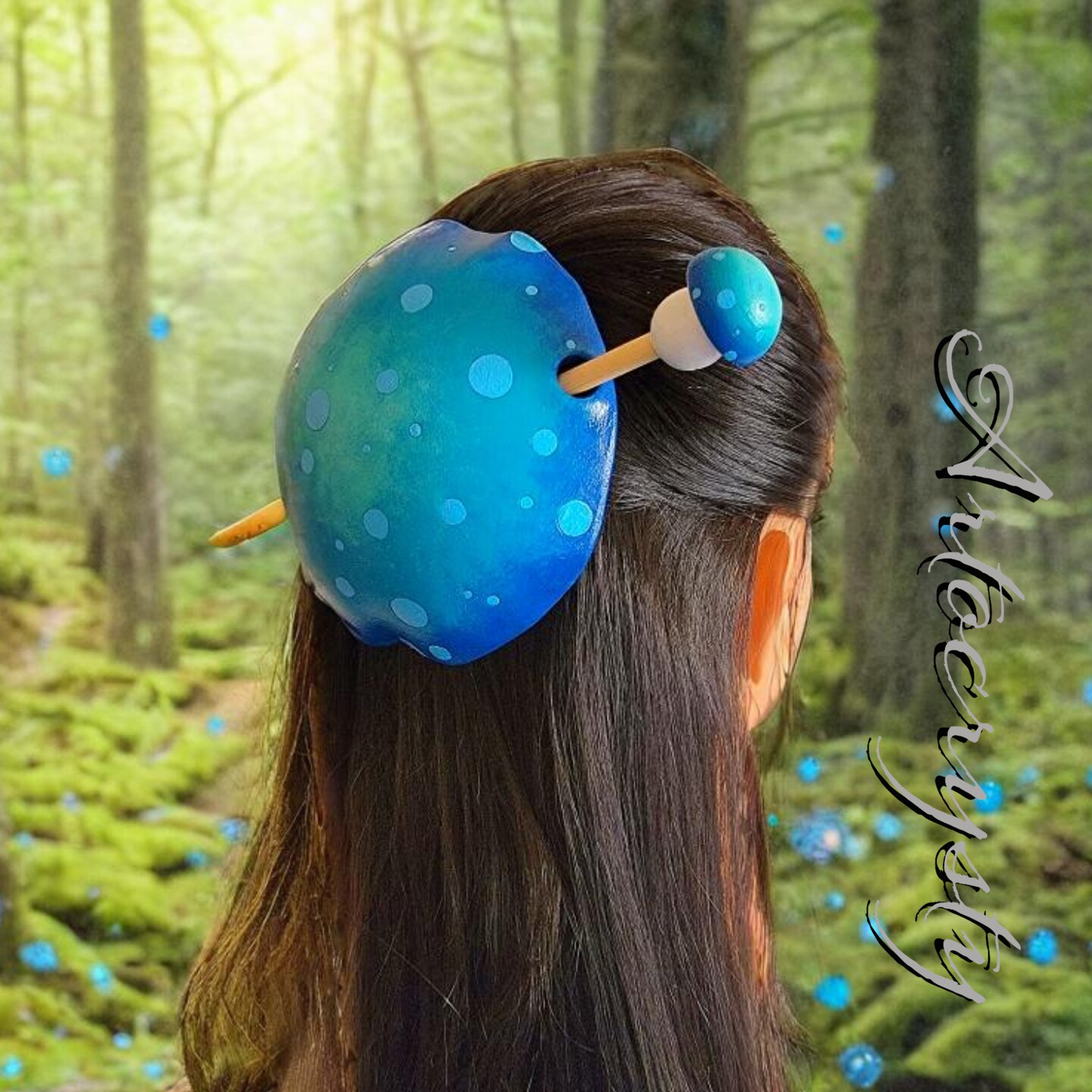 Large Blue Amanita Mushroom Head Leather Bun Holder Slide Barrette with ...