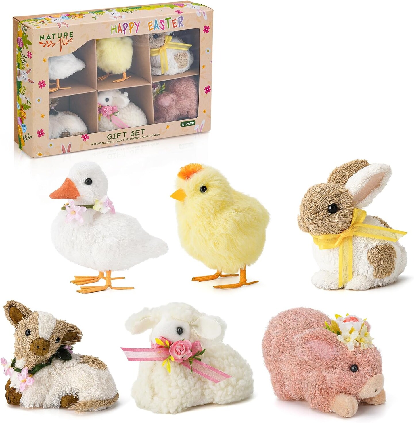 Set of 6 Sisal Animals Easter Figurines w Spring Decor Flower in Gift ...