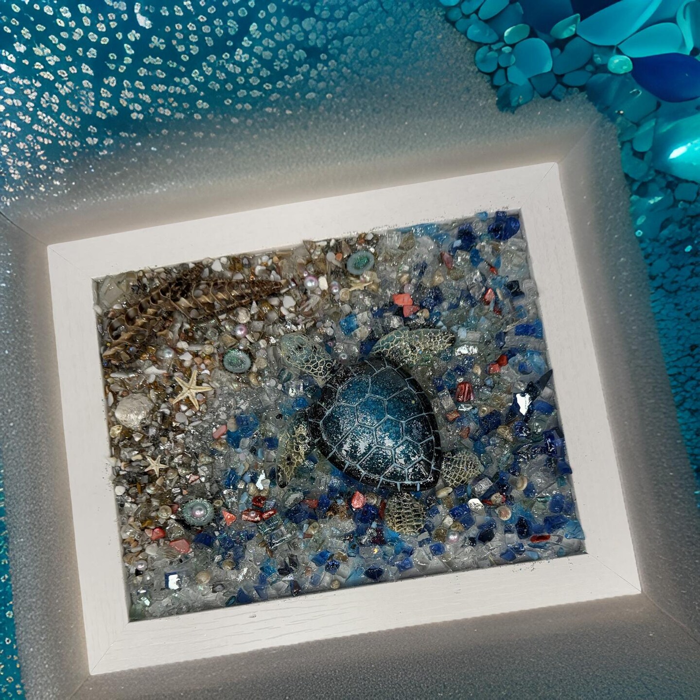 5x7 Blue Turtle Coastal Art – White Frame with Blue Glass Water, Rocky ...
