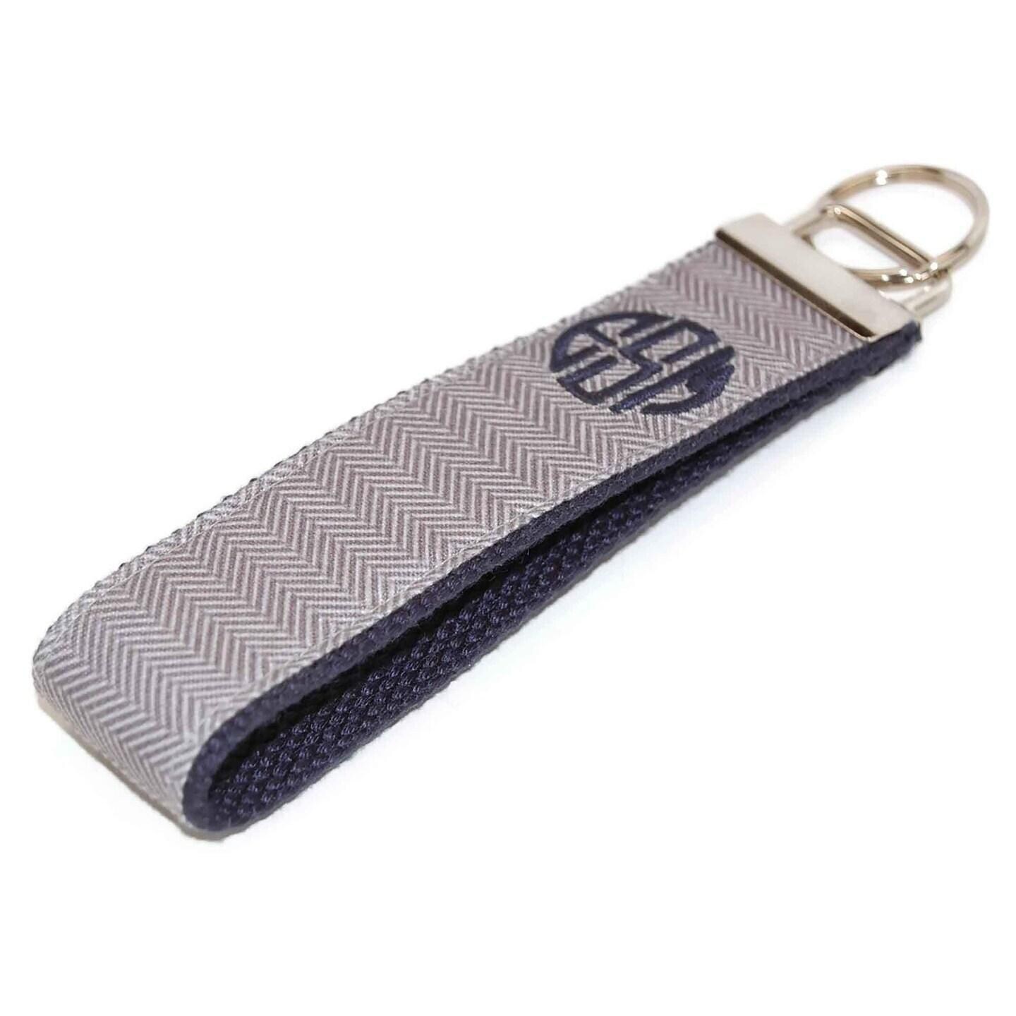Gray Herringbone Keychain - 3 Letter Monogram Key fob - Custom ...