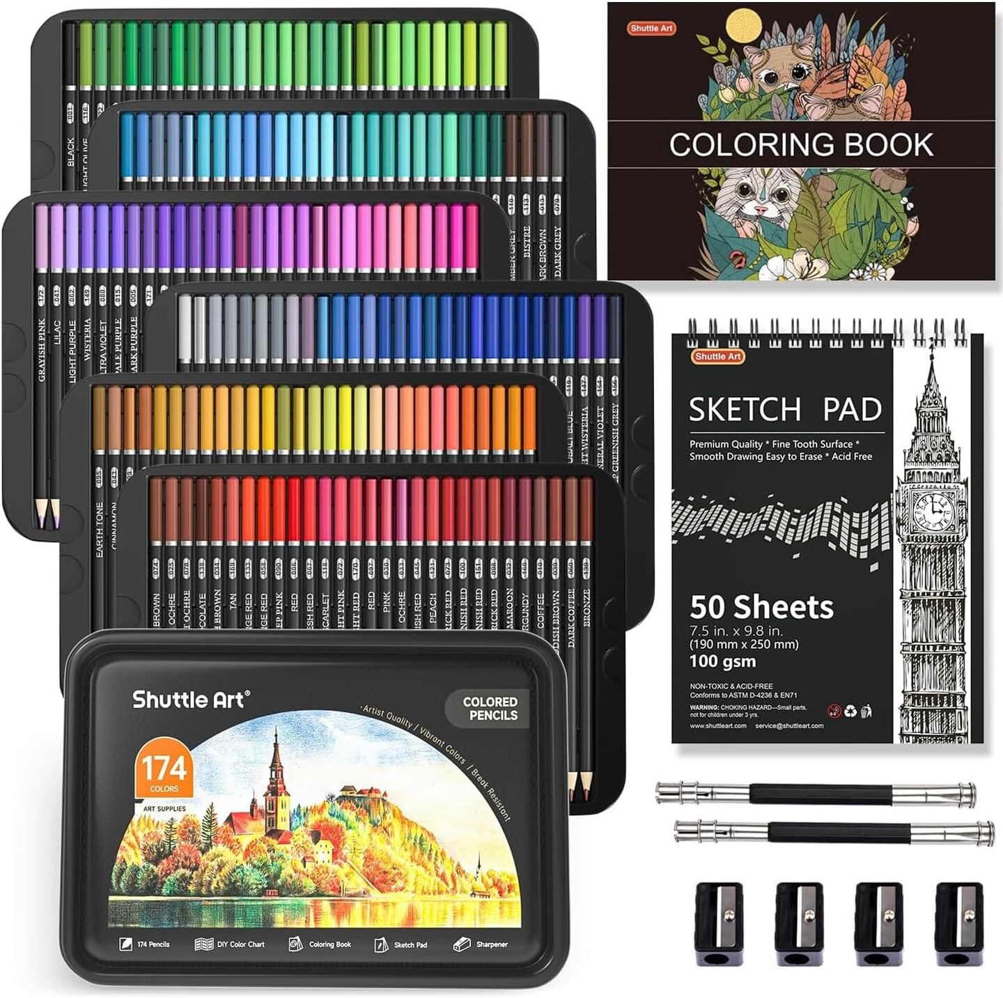 174 Colors Professional Colored Pencils, Shuttle Art Soft Core Coloring ...