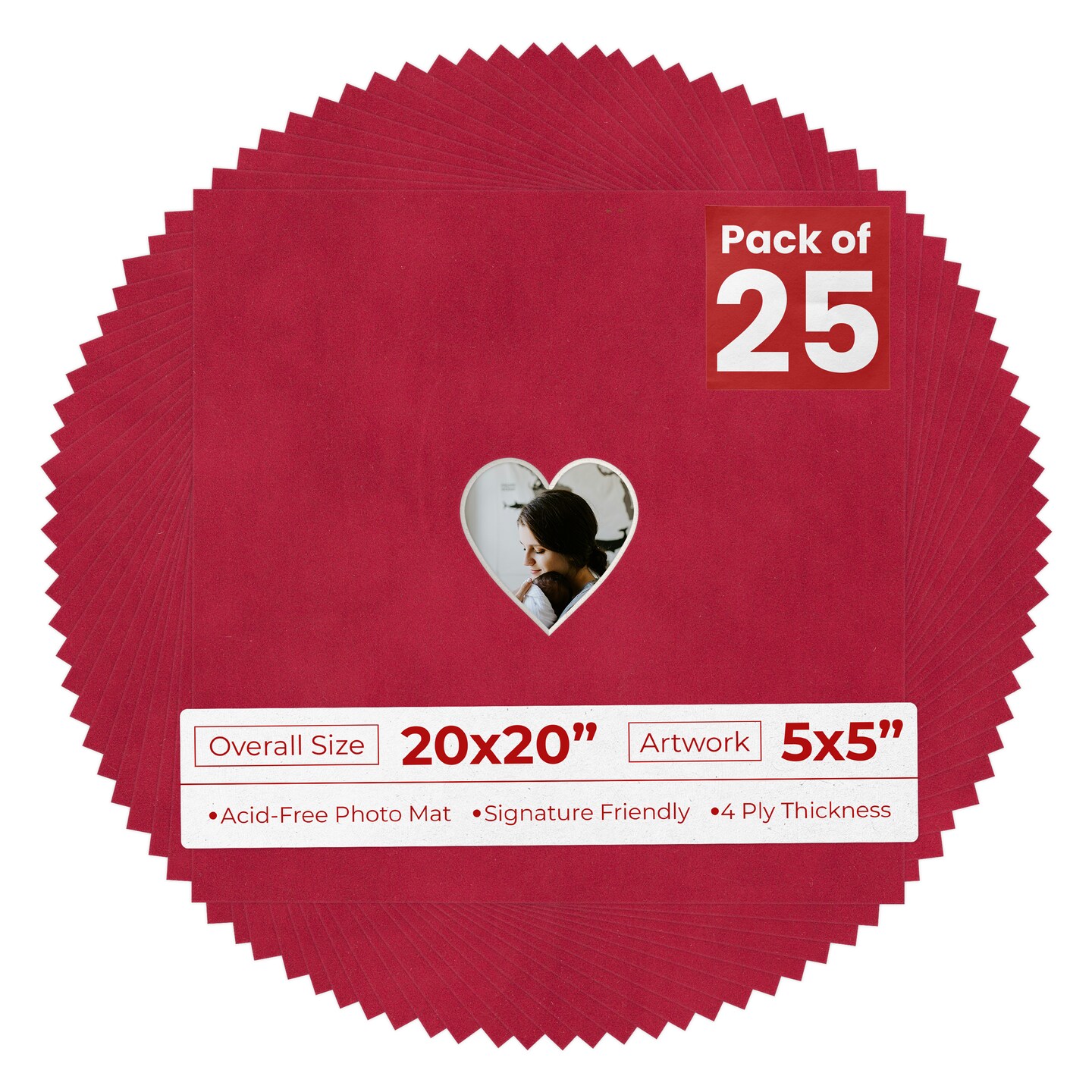 Red Suede Mat Board for 20x20 Frames - Heart Opening for 5x5 Photos ...