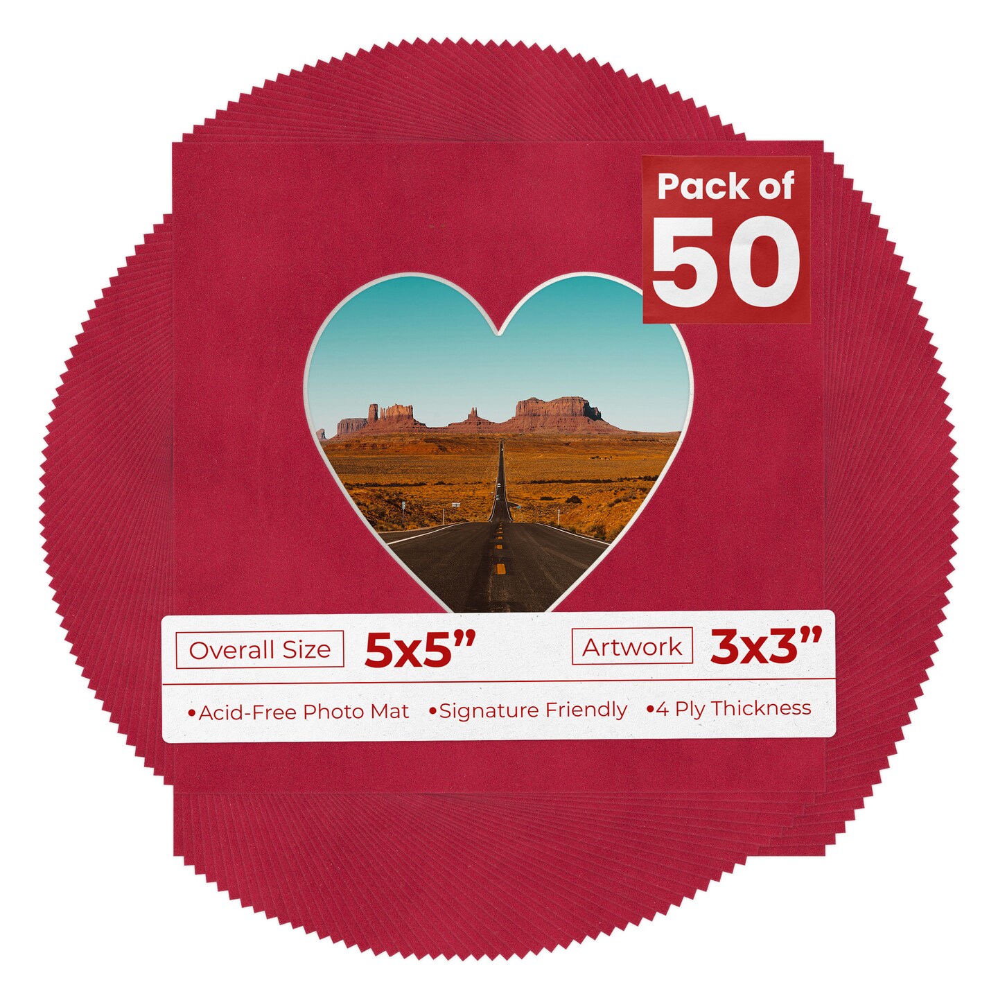 Red Suede Mat Board for 5x5 Inch Frames - Heart Opening for 3x3 Photos ...