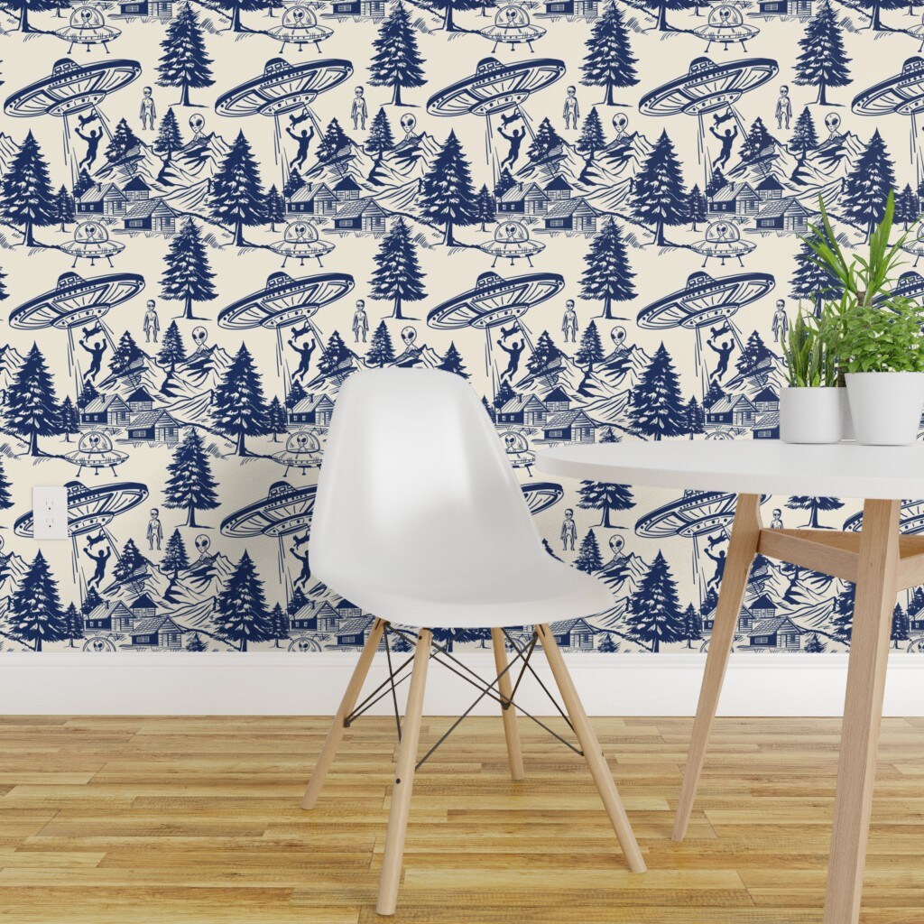 Non-Pasted Wallpaper 2FT Wide Toile Spaceships Mountains Aliens Trees ...