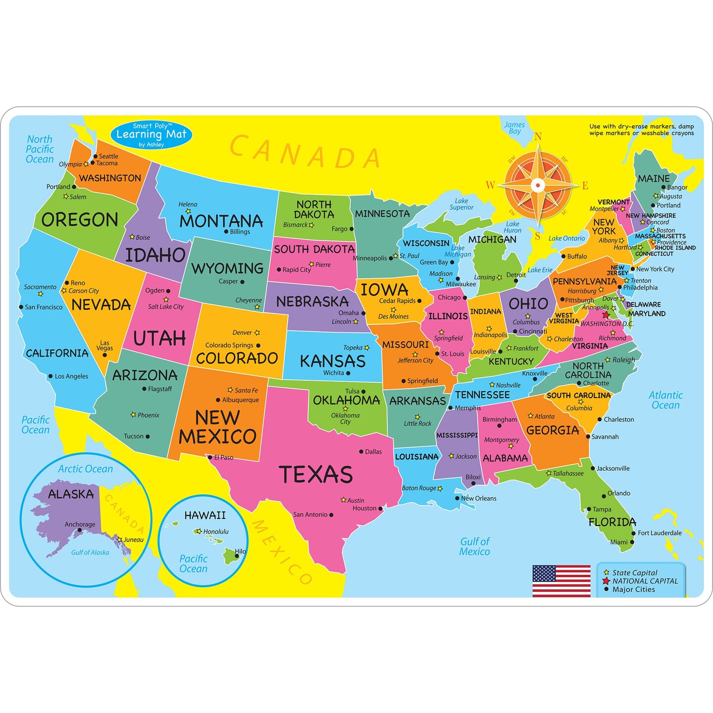 Smart Poly™ Learning Mat, 12" x 17", Double-Sided, U.S. Basic Map ...