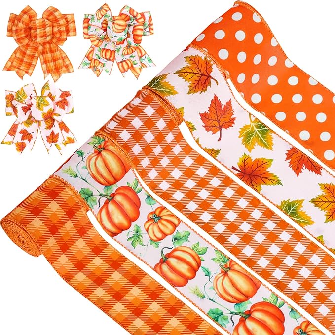 30 yards of fall orange wired edge ribbon with autumn pumpkin plaids ...