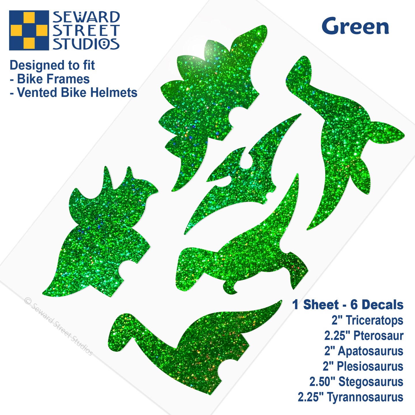 Green Holographic Glitter Dinosaur Decal Set, Set of 6 Dino Bike Helmet ...