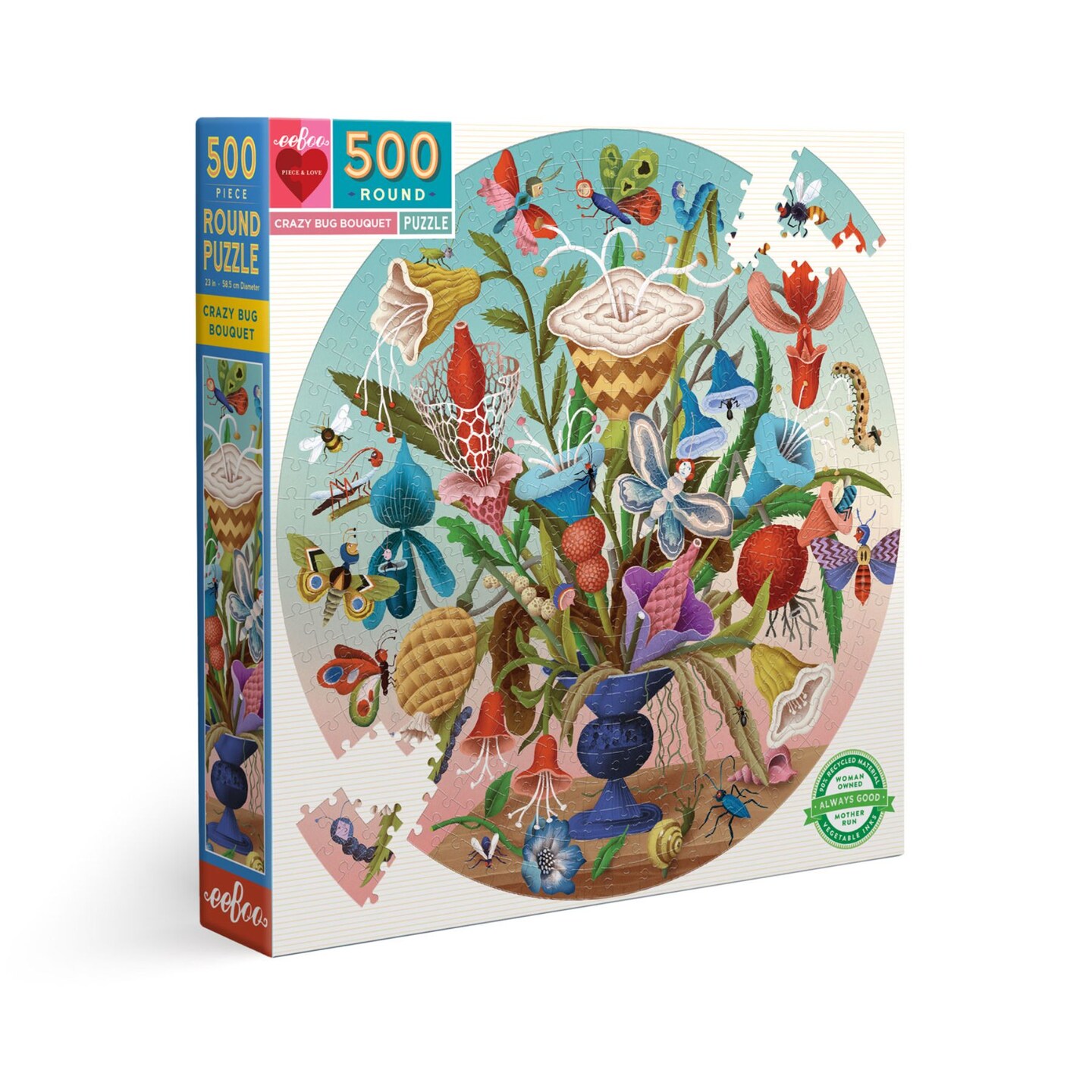 eeBoo Piece and Love Crazy Bug Bouquet 500 Piece Round Jigsaw Puzzle ...