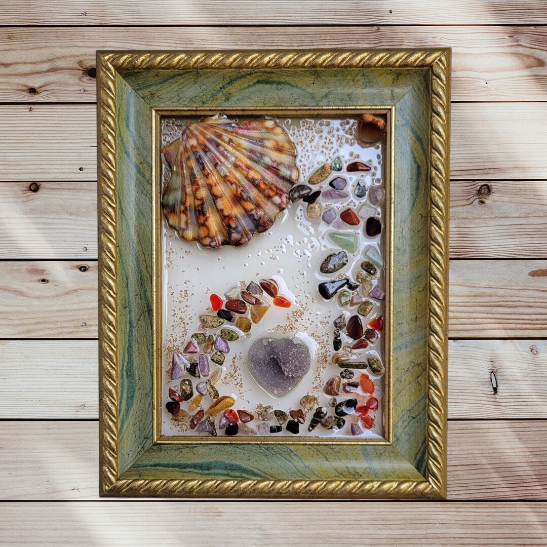 Resin Shell Art with Crystals and Sand Framed on Glass | MakerPlace by ...