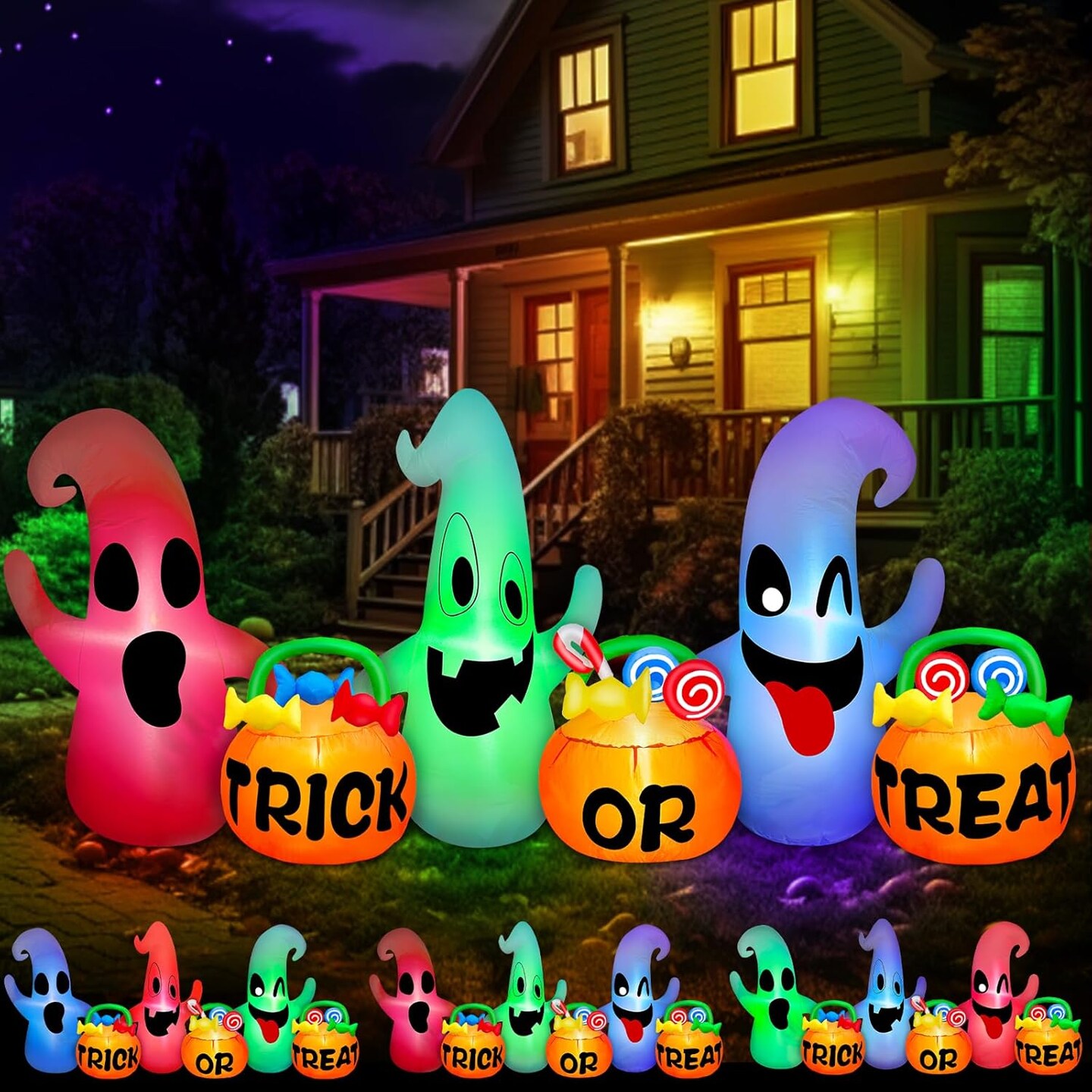 8 Ft Long Halloween Inflatables Three Ghosts with Pumpkin Candy Bags ...