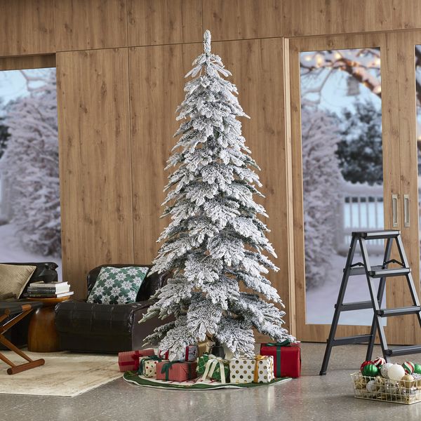 7.5ft Pre-Lit Flocked Rotating Slim Spruce Artificial Christmas Tree ...