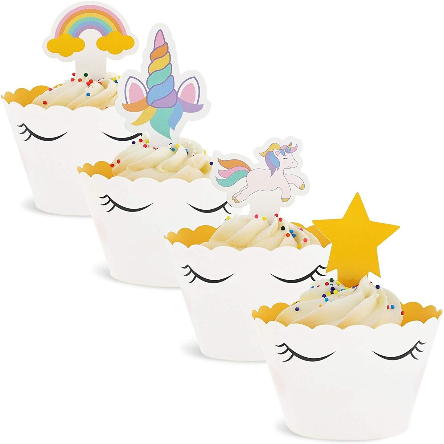 100-Pack Rainbow Unicorn Cupcake Toppers and Wrappers, Birthday Party Decorations, 1 X 3 inches ...