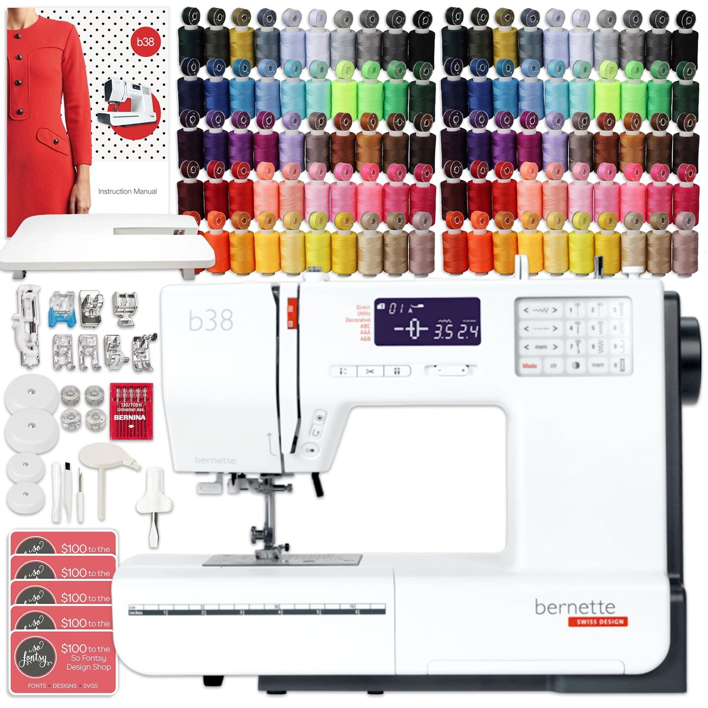 Bernette B38 Top End Sewing Machine Bundle with Deluxe 100pc Thread Kit ...