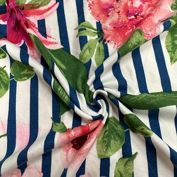 Blue Stripe Floral Print Double Brushed Jersey Knit Fabric By the Yard ...
