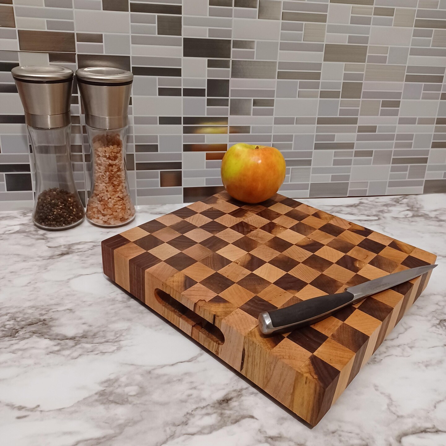 Handmade End Grain Checkerboard Butcher Block Cutting Board with Side ...