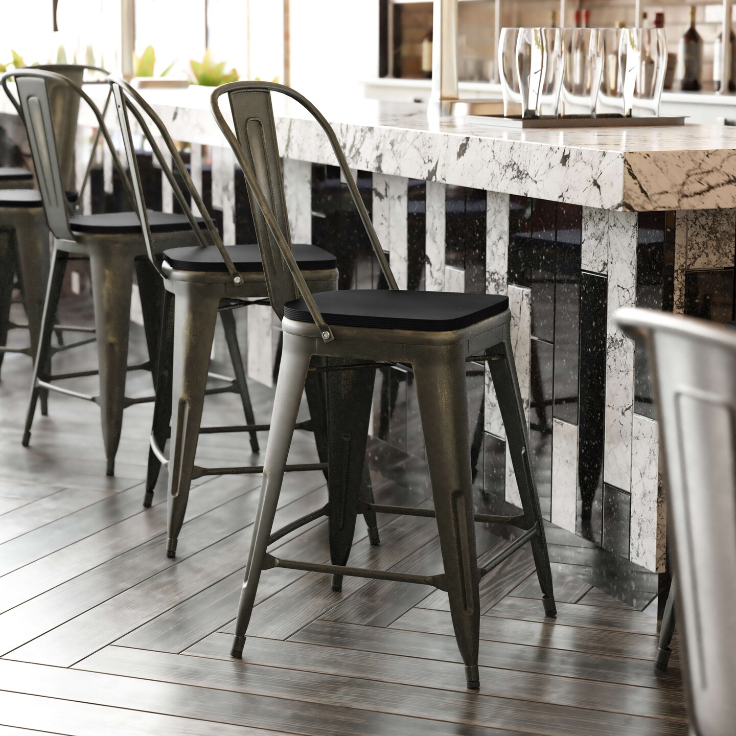 Emma and Oliver Nova Distressed Metal Stools with Backs and Polystyrene ...