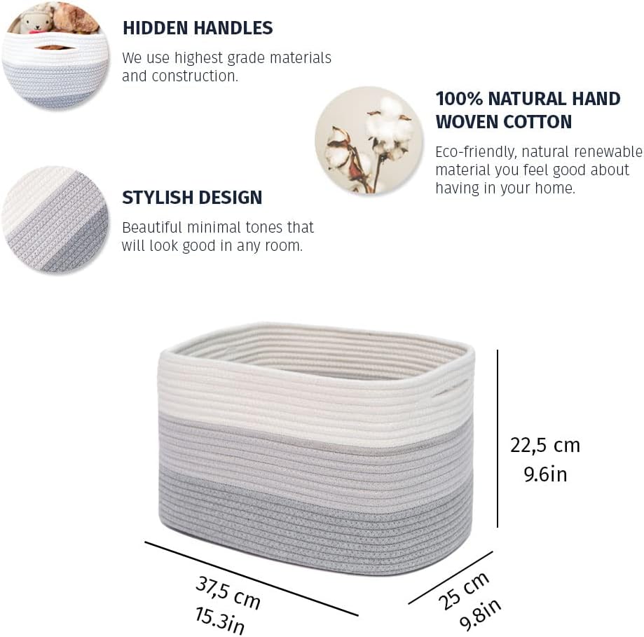 Set of 3 Grey Woven Baskets for Organizing, Cotton Rope Basket for ...