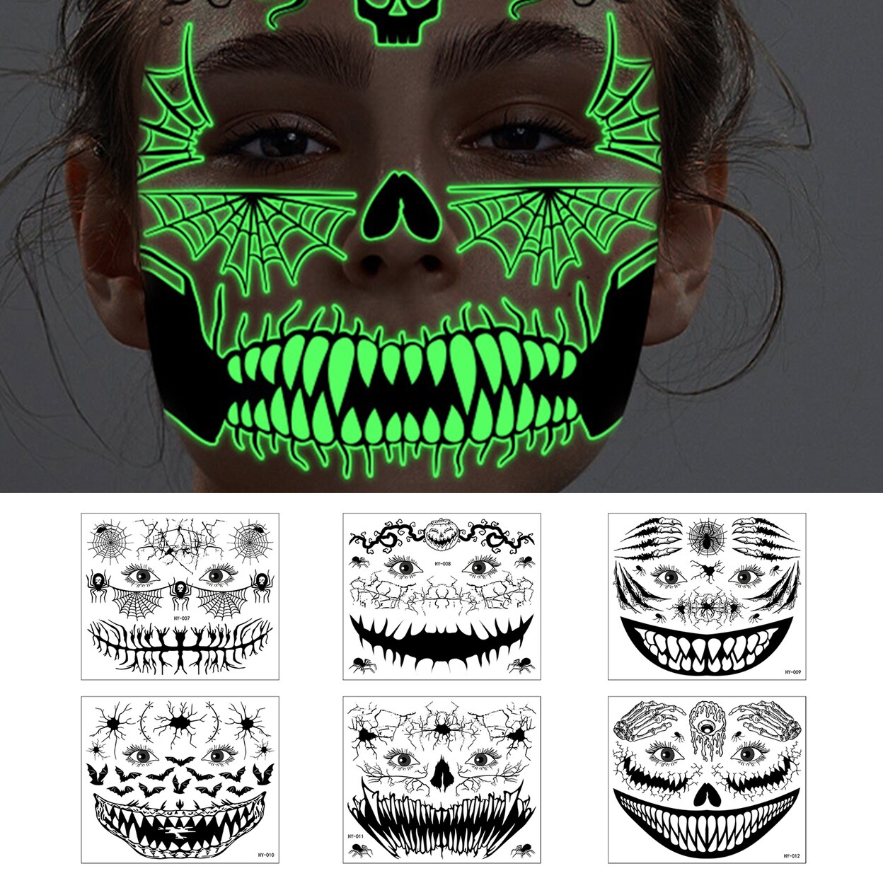 Halloween Face Tattoos Sticker Glow-In-The-Dark 3D Witch Zombie Makeup ...